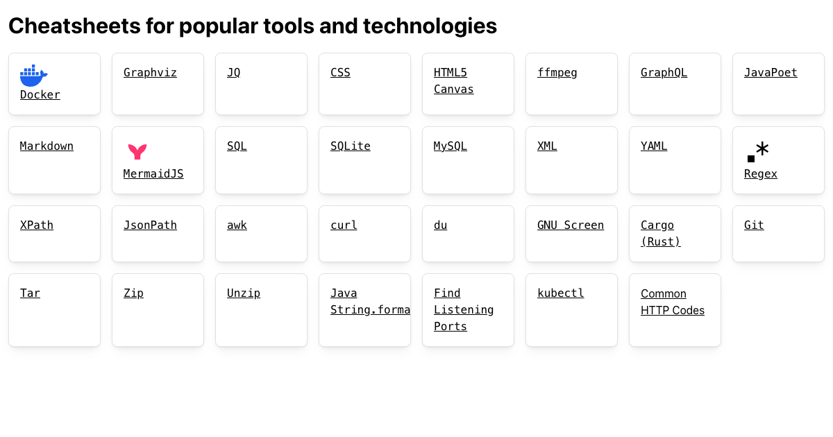 Cheatsheets for popular tools and technologies
